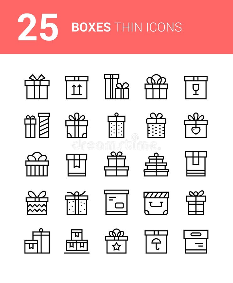 25 Thin Vector Box Icons with Ribbons for Web Site and Mobile Design ...