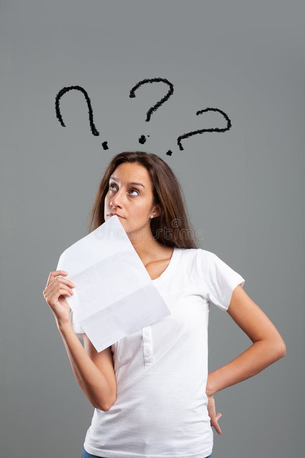 Thin Young Woman with Questioning Letter and Three Question Mark Stock ...