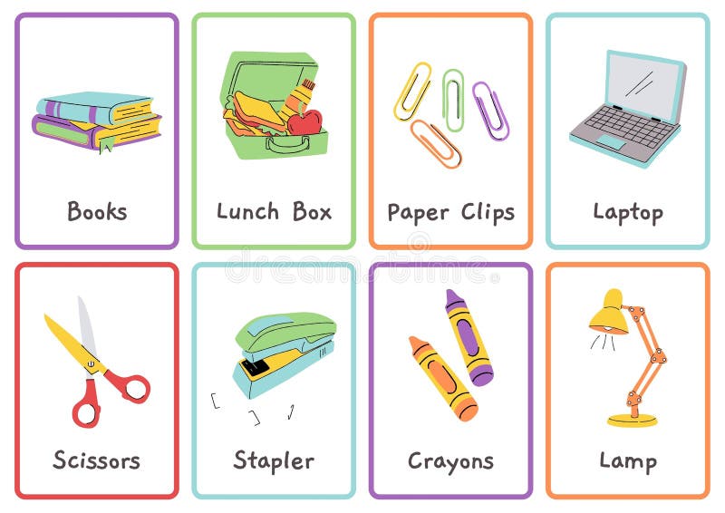 Things in School Simple Handdrawn Flashcard Sheets - 2 Stock ...