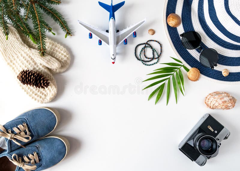 Things for Winter and Summer Holidays. White Background, Top View Stock ...