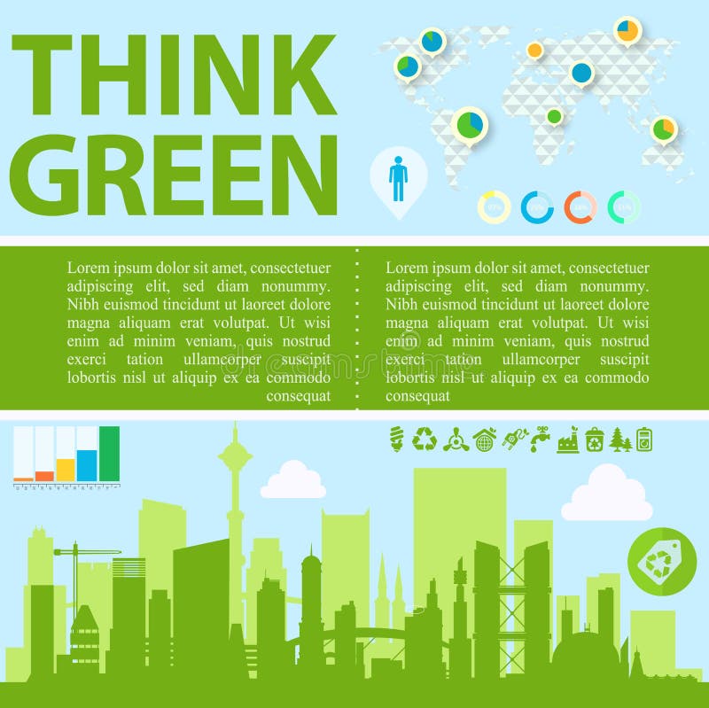 Think Green Vector Illustration with Downtown and Infographics Stock ...