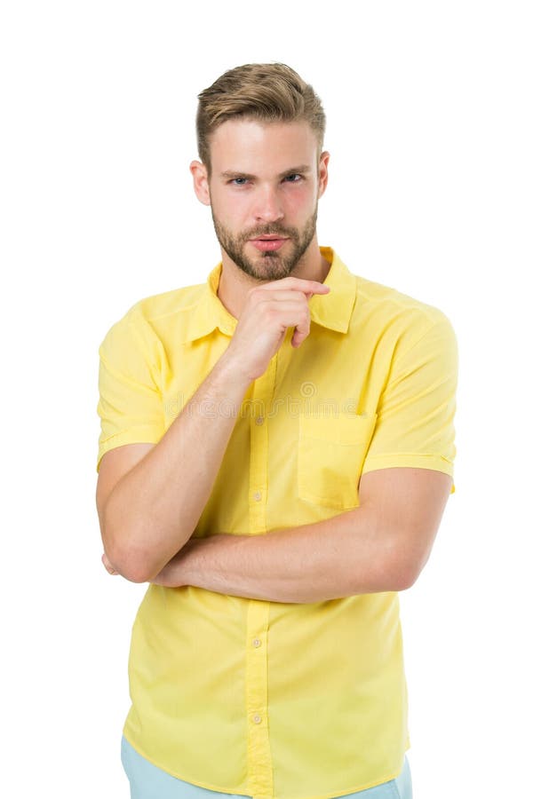 Think. Guy Keep Hand on Chin Isolated on White. Bearded Man with ...