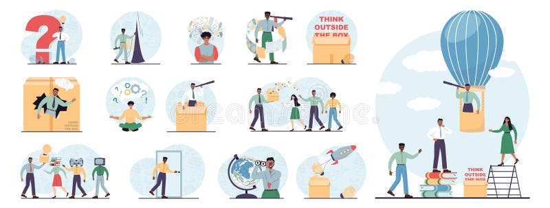 Think Outside the Box Concept Set. Creativity and Brainstorming Stock ...