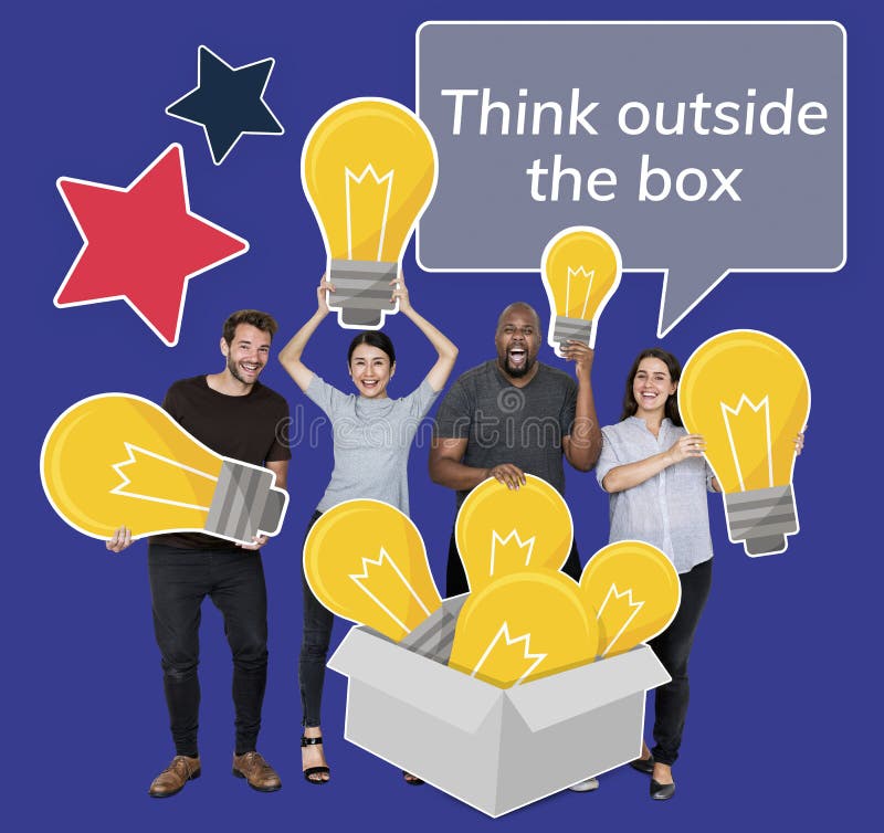 Think Outside the Box People with Light Bulb Symbols Stock Photo ...