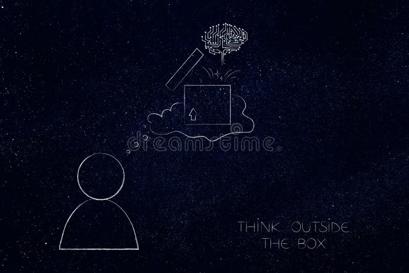 Think Outside the Box Person with Thought Bubble with Open Parcel and ...
