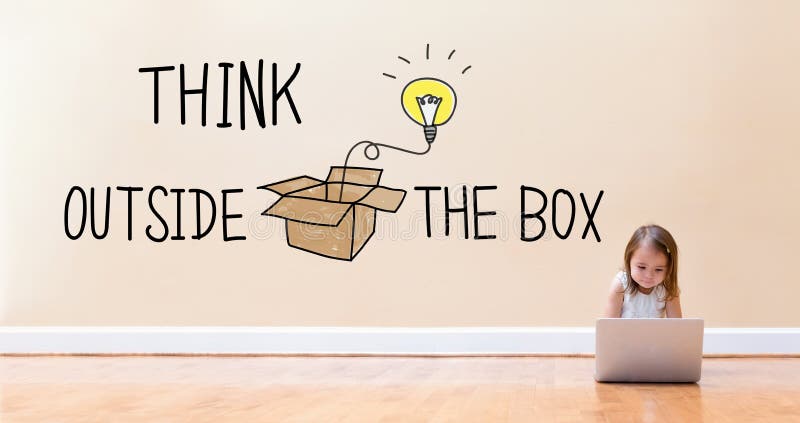 Think Outside the Box Text with Little Girl Using a Laptop Computer ...