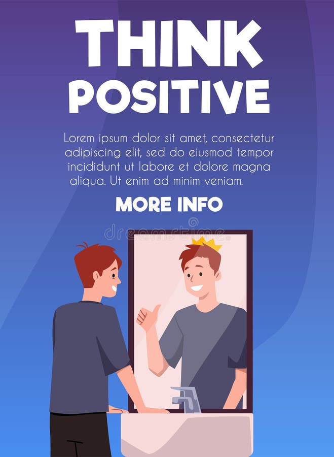 Think Positive Banner with Man in Front of Mirror, Flat Vector ...