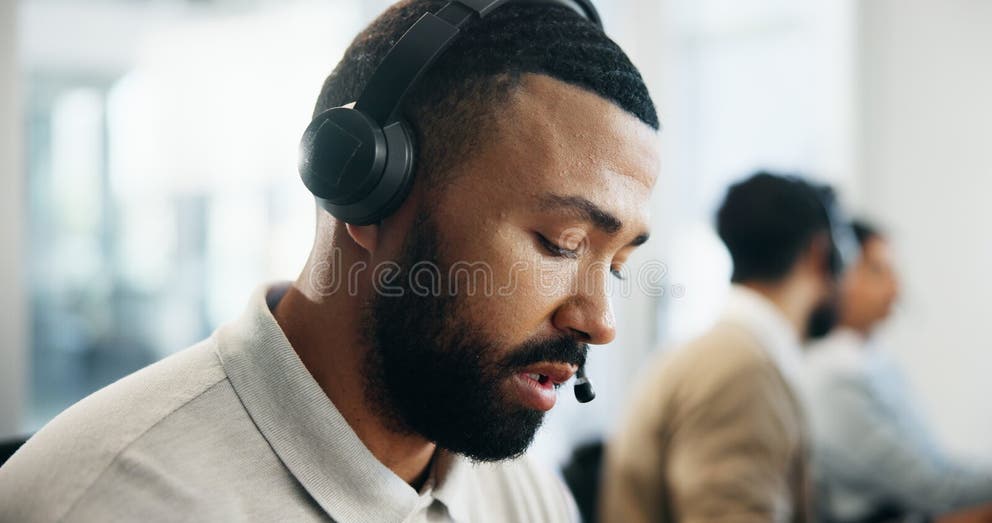 Think, Serious and Man in Call Center for Technical Support, it Insight or Coworking. Headset ...