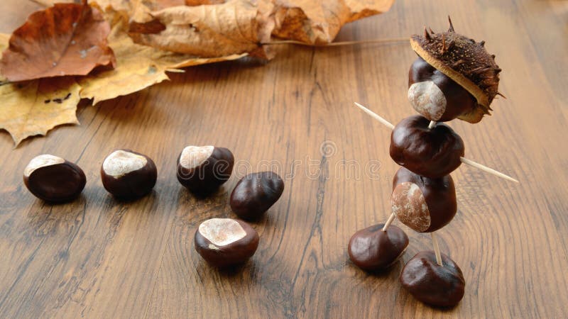 Thinker Chestnut Figures in Autumn Time with Thooth Sticks Stock Photo ...