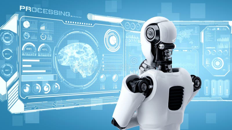 Thinking AI Hominoid Robot Analyzing Hologram Screen Showing Concept ... Thinking AI Hominoid Robot Analyzing Hologram Screen Showing Concept ...