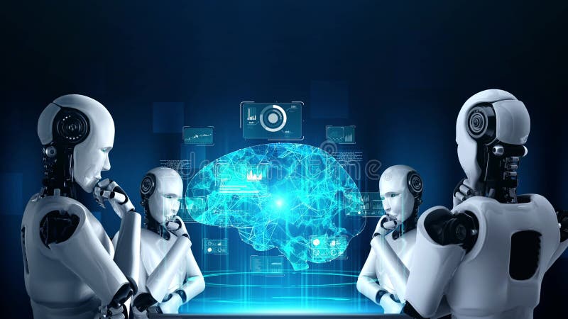 Thinking AI Hominoid Robot Analyzing Hologram Screen Showing Concept of ... Thinking AI Hominoid Robot Analyzing Hologram Screen Showing Concept of ...