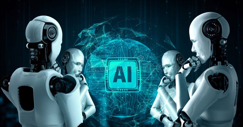 Thinking AI Hominoid Robot Analyzing Hologram Screen Showing Concept of ... Thinking AI Hominoid Robot Analyzing Hologram Screen Showing Concept of ...