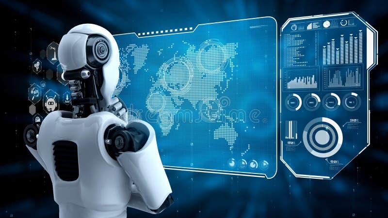 Thinking AI Hominoid Robot Analyzing Hologram Screen Shows Concept of ... Thinking AI Hominoid Robot Analyzing Hologram Screen Shows Concept of ...