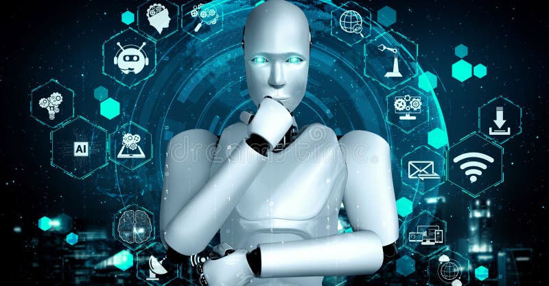 Thinking AI Hominoid Robot Analyzing Hologram Screen Shows Concept of ... Thinking AI Hominoid Robot Analyzing Hologram Screen Shows Concept of ...