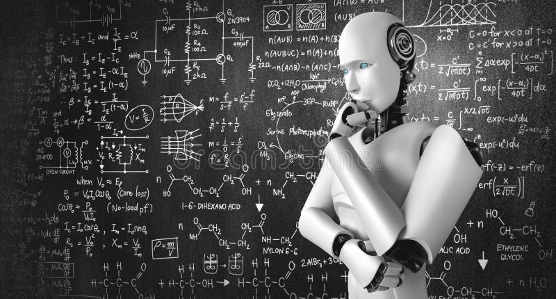Thinking AI Humanoid Robot Analyzing Screen of Mathematics Formula and ...