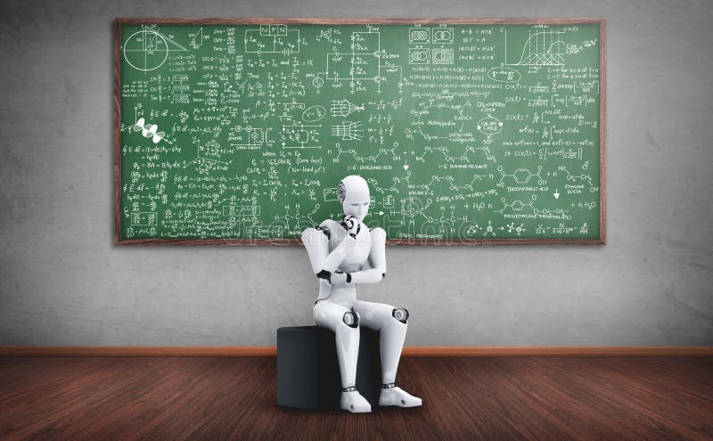 Thinking AI Humanoid Robot Analyzing Screen of Mathematics Formula and ...