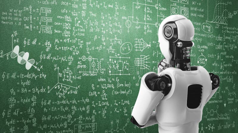 Thinking AI Humanoid Robot Analyzing Screen of Mathematics Formula and ...