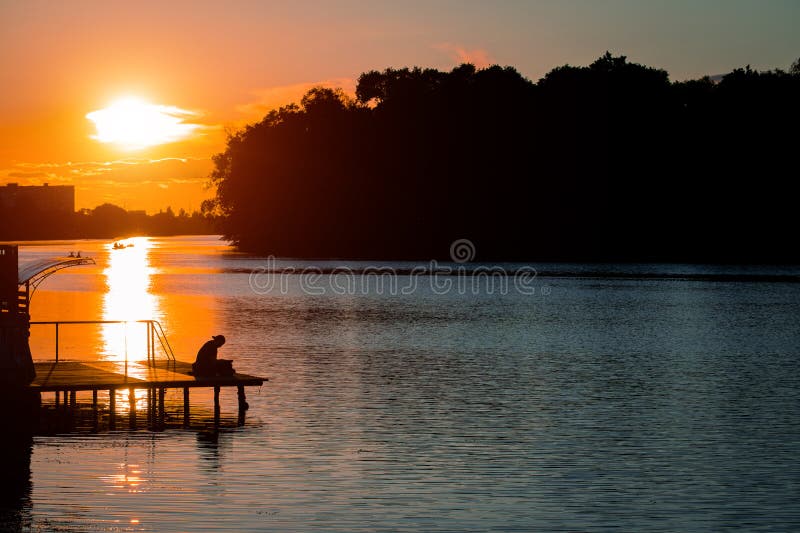 Thinking Alone Unrecognizable in Waterfront Beach Area Panorama Sunset ...