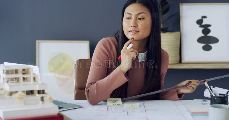 Thinking, Architecture and Woman with 3d Model, Office and Plan for ...