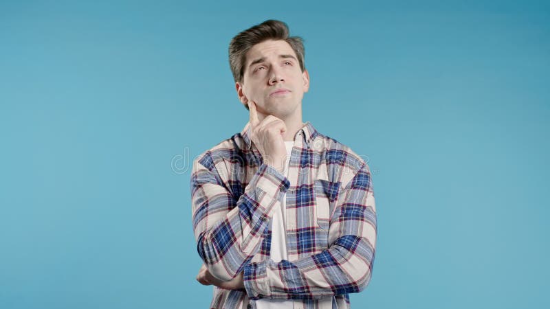 Thinking Around Man on Blue Background. Smart Student 30s Guy Finding ...