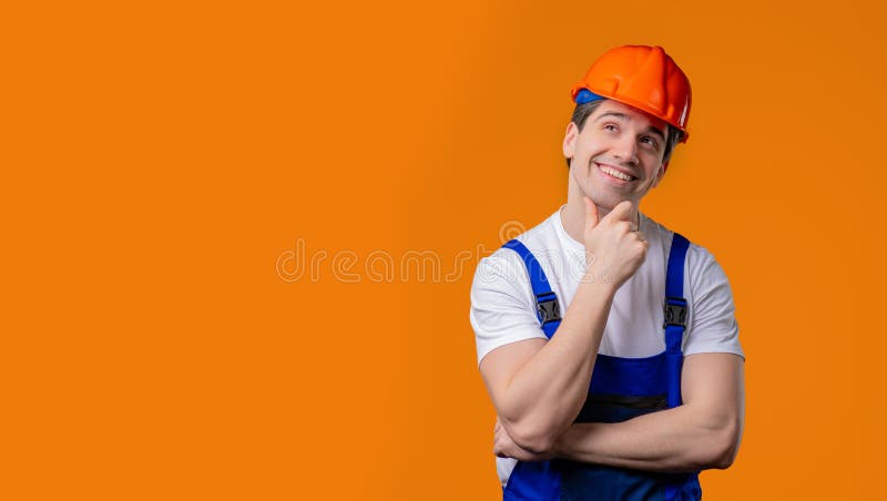 Thinking Around Mature Handyman Worker or Builder Man on Orange. Copy ...