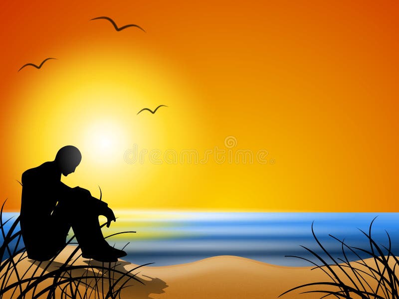 Thinking on the Beach at Sunset Stock Illustration - Illustration of ...