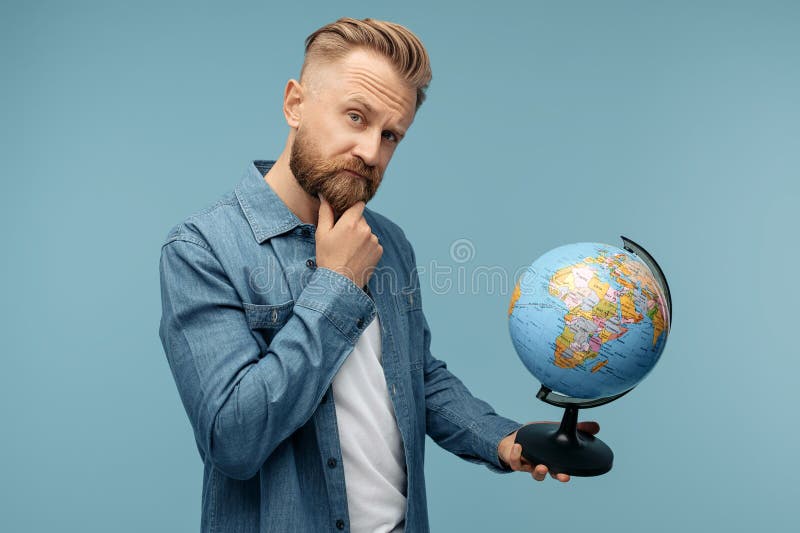 Thinking Bearded Hipster Blonde Young Man Taking Holding World Globe ...