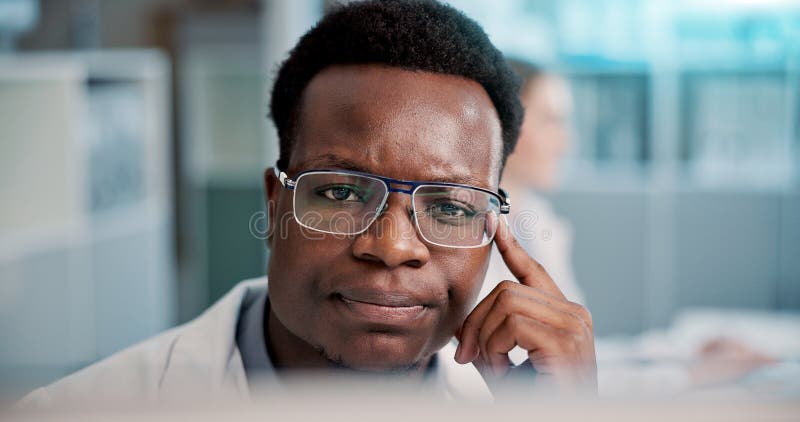 Thinking, Black Man and Scientist on Computer in Lab for Planning ...