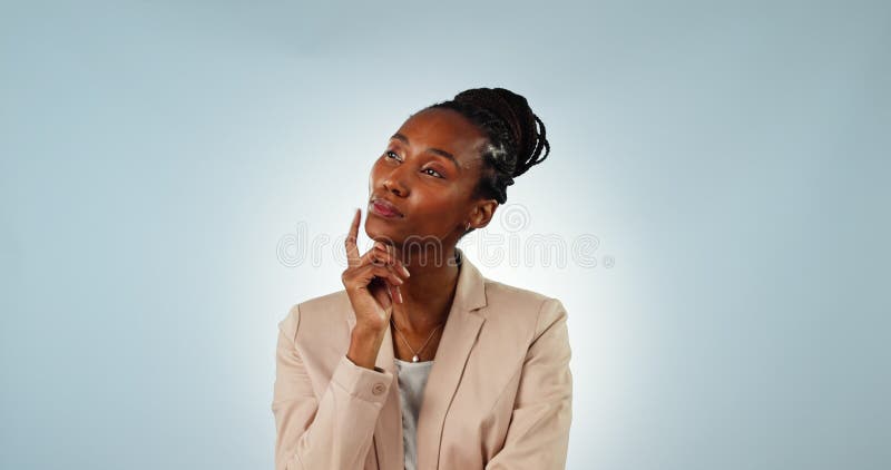 Thinking, Brainstorming and Face of Black Woman in Studio with Idea ...