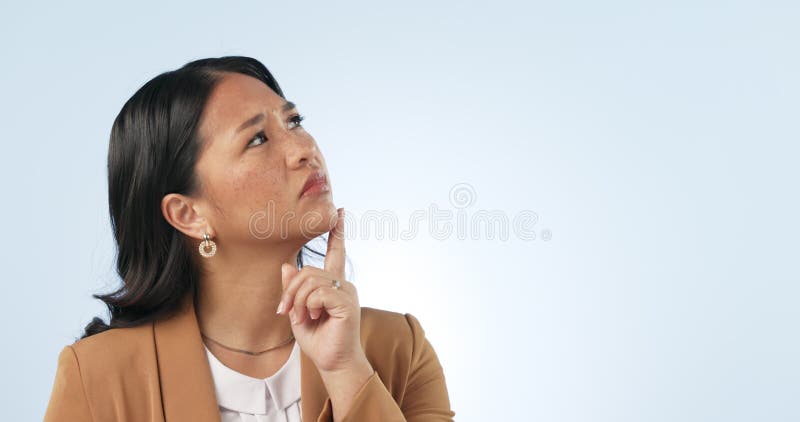 Thinking, Brainstorming and Young Woman in Studio with Unsure, Solution or Doubt Facial ...