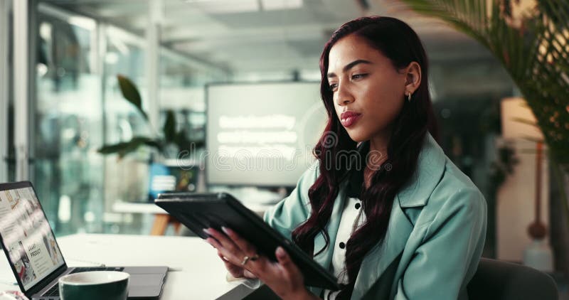 Thinking, Business and Woman at Desk, Tablet and Solution with Problem ...
