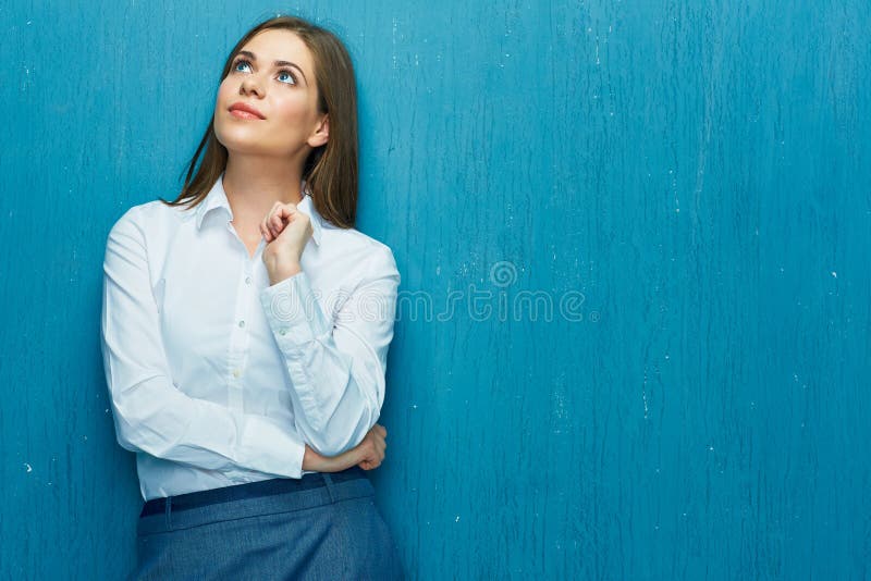 Thinking Business Woman Looking Up. Smiling Business Woman Stock Photo ... Thinking Business Woman Looking Up. Smiling Business Woman Stock Photo ...