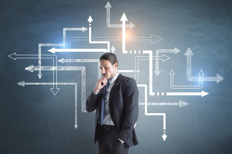 Thinking Businessman and Drawing Group Arrows Wall Stock Image - Image ...