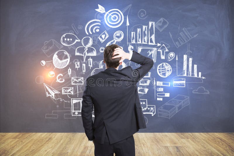 Thinking Businessman Looking on Business Sketch on Blackboard Stock ...
