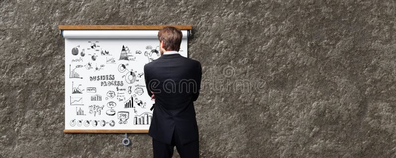 Thinking Businessman and Whiteboard with Business Plan Doodles Stock ...