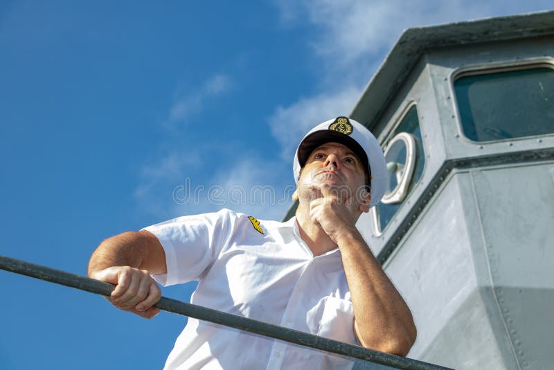 The Thinking Captain Standing on the Gallery of Navigation Bridge of ...
