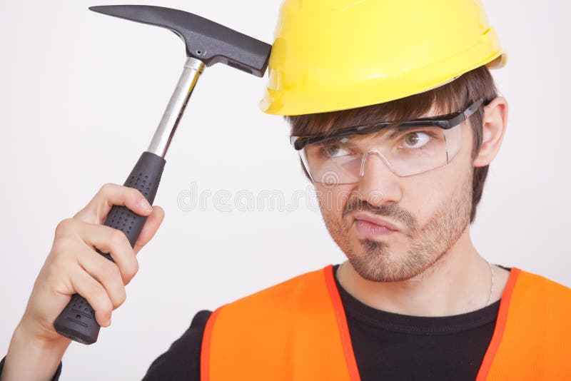 Thinking Carpenter with Hammer Stock Image - Image of studio, handsome ...
