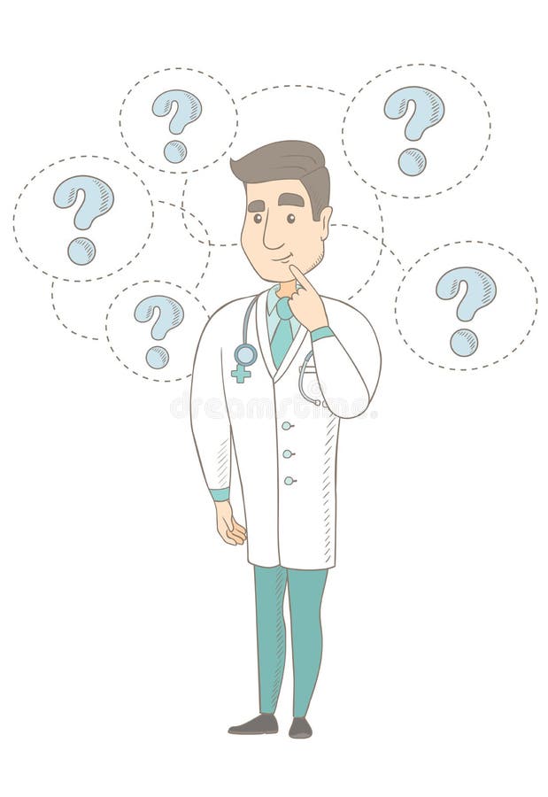 Thinking Caucasian Doctor with Question Marks. Stock Vector ...