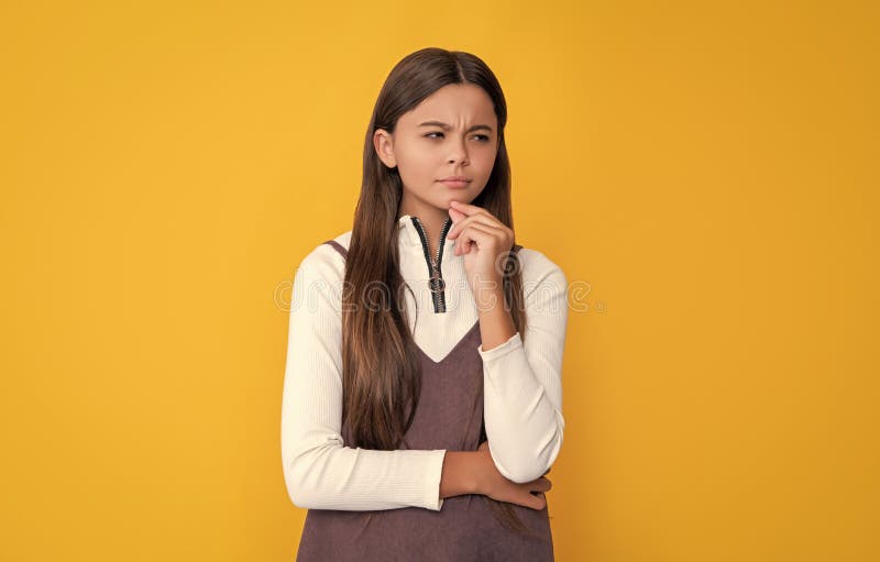 Thinking Child with Long Hair on Yellow Background Stock Image - Image ...