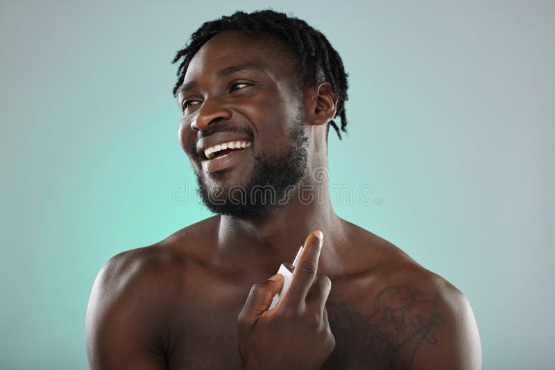 Thinking, Cologne and Blue Background with a Model Black Man Posing ...