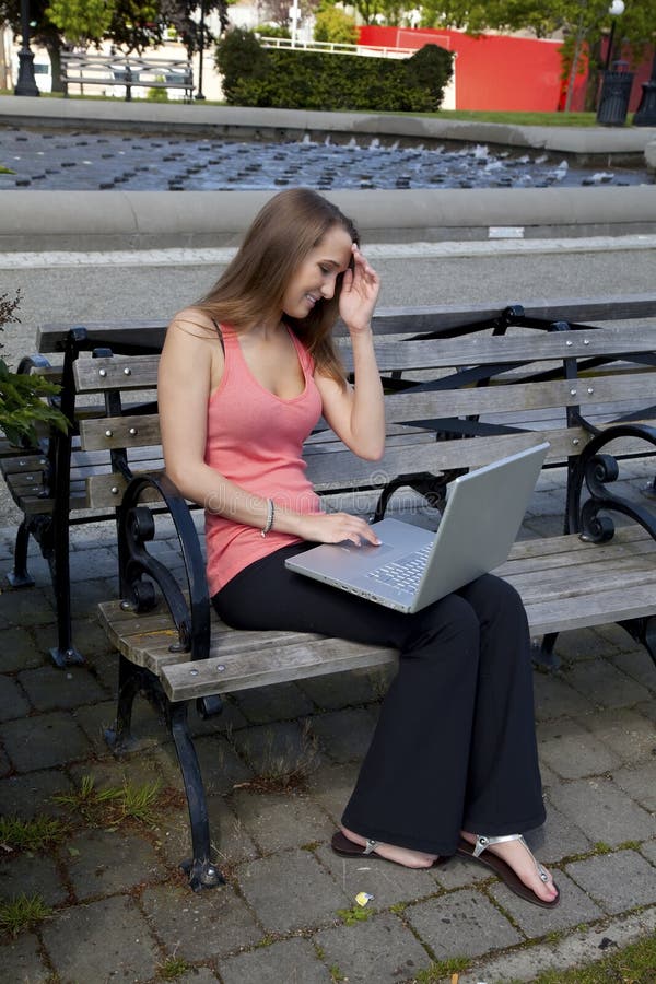 Thinking computer on bench stock image. Image of education - 14840273