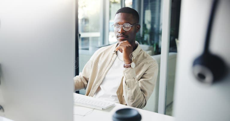 Thinking, Computer and Black Man in Office with Ideas, Research or ...