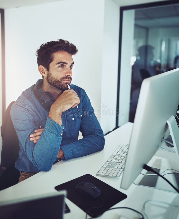 Thinking, Computer and Black Man in Office with Business Research, Ideas and Brainstorming for ...