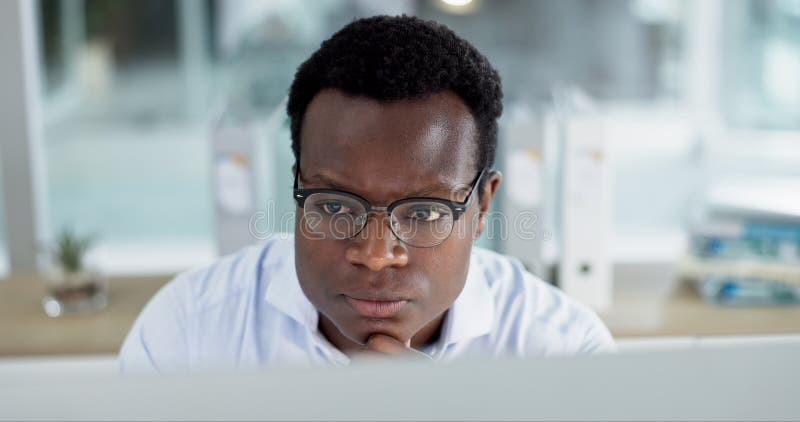 Thinking, Computer and Business Man in Office with Information ...