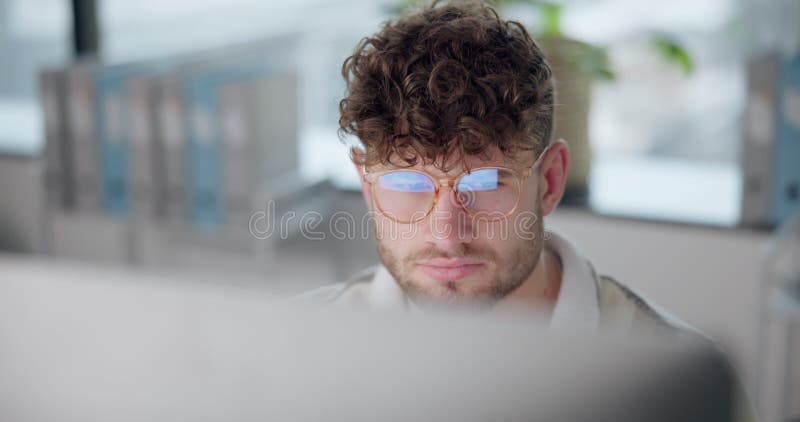 Thinking, Computer and Businessman Work on Project, Research or ...