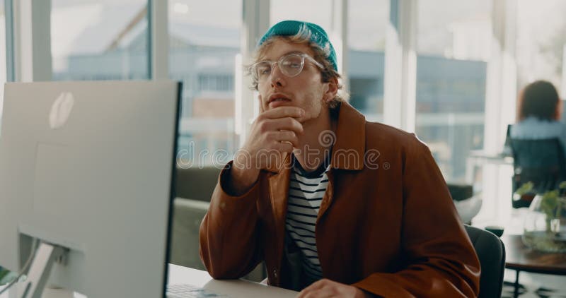 Thinking, Computer and Business Black Woman in Office for Online ...