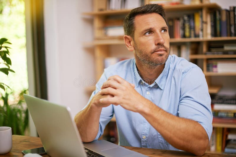 Thinking, Computer and Man in Home Office with Ideas, Planning and ...