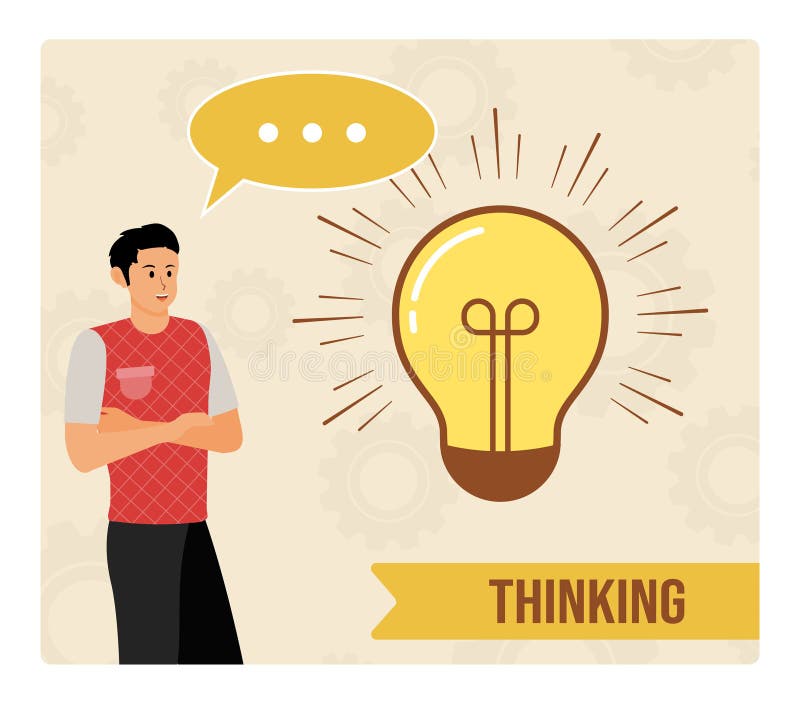 Thinking Concept. a Man Thinking with a Light Bulb and Bubble Symbol ...