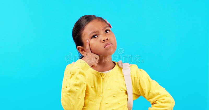 Thinking, Confused and Girl Child in Studio with Question, Why and ...