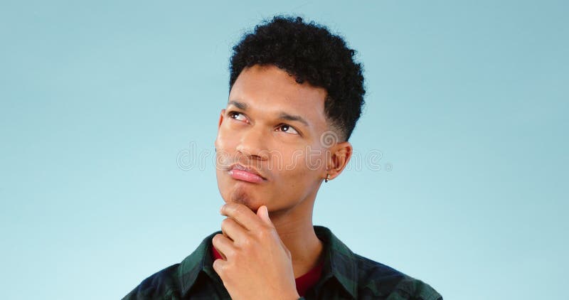 Thinking, Confused and Man Doubt Choice in Studio Isolated on a Blue ...